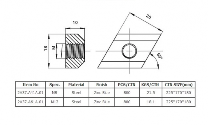 M4 M5 M6 Zinc Rhombus T Slot Nuts For Aluminum Profile , 8 Sliding Nut